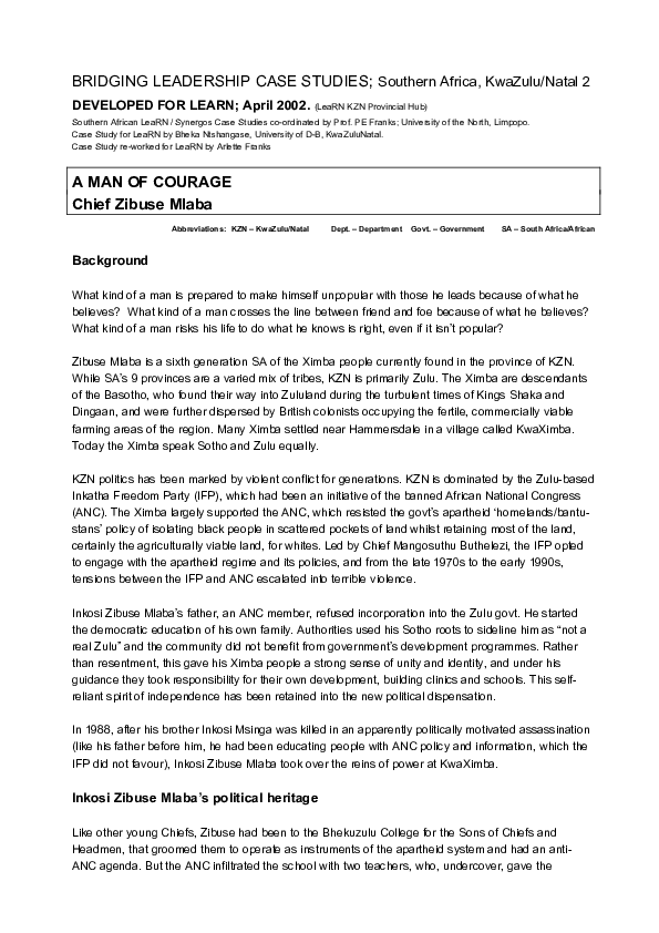 (DOC) A MAN OF COURAGE Chief Zibuse Mlaba, KwaZulu Natal