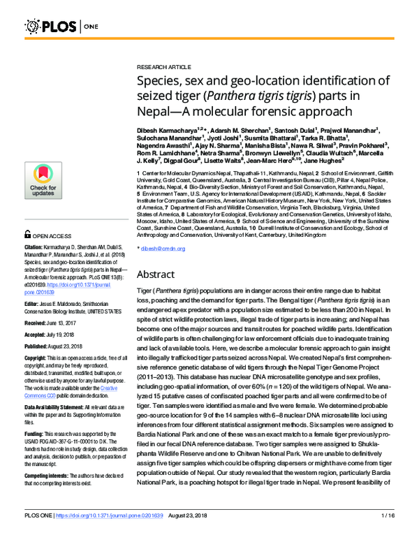 Pdf Species Sex And Geo Location Identification Of Seized Tiger Panthera Tigris Tigris