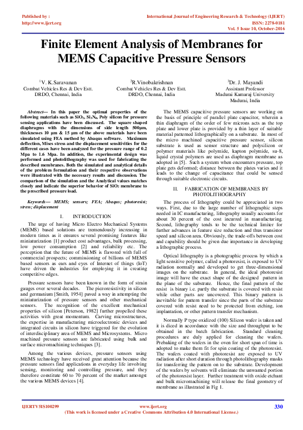 (PDF) IJERT-Finite Element Analysis of Membranes for MEMS Capacitive Pressure Sensors