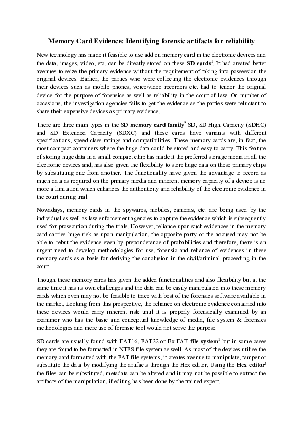 (DOC) Memory Card Evidence: Identifying forensic artifacts for reliability