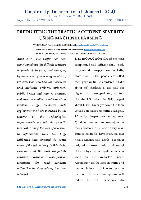 (PDF) PREDICITING THE TRAFFIC ACCIDENT SEVERITY USING MACHINE LEARNING
