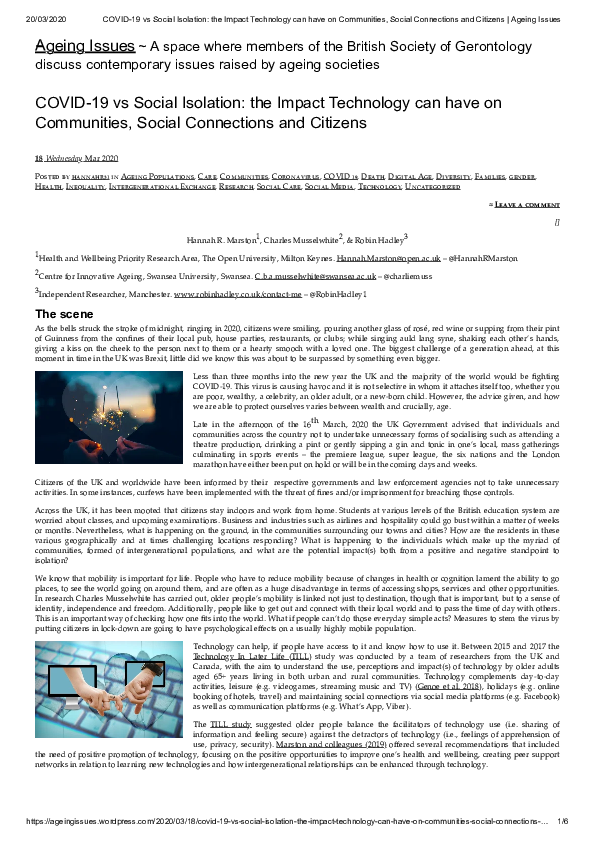 (PDF) COVID-19 vs Social Isolation: the Impact Technology can have on ...