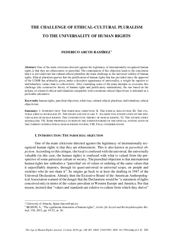 (PDF) The challenge of ethical-cultural pluralism to the universality ...