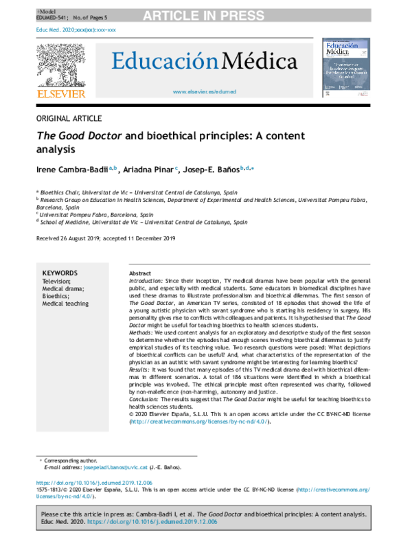 (PDF) The Good Doctor and bioethical principles: A content analysis