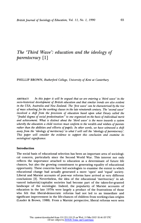 (PDF) The 'Third Wave': education and the ideology of parentocracy [1