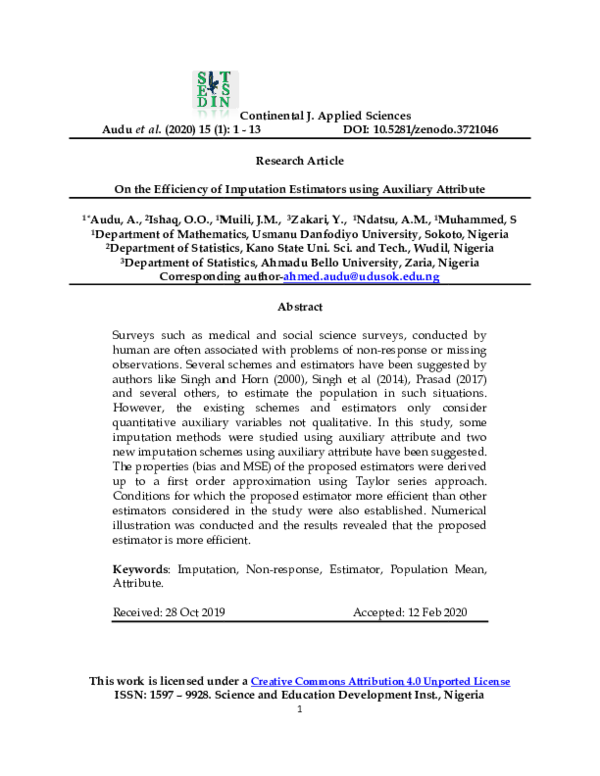 Pdf On The Efficiency Of Imputation Estimators Using Auxiliary Attribute Science And