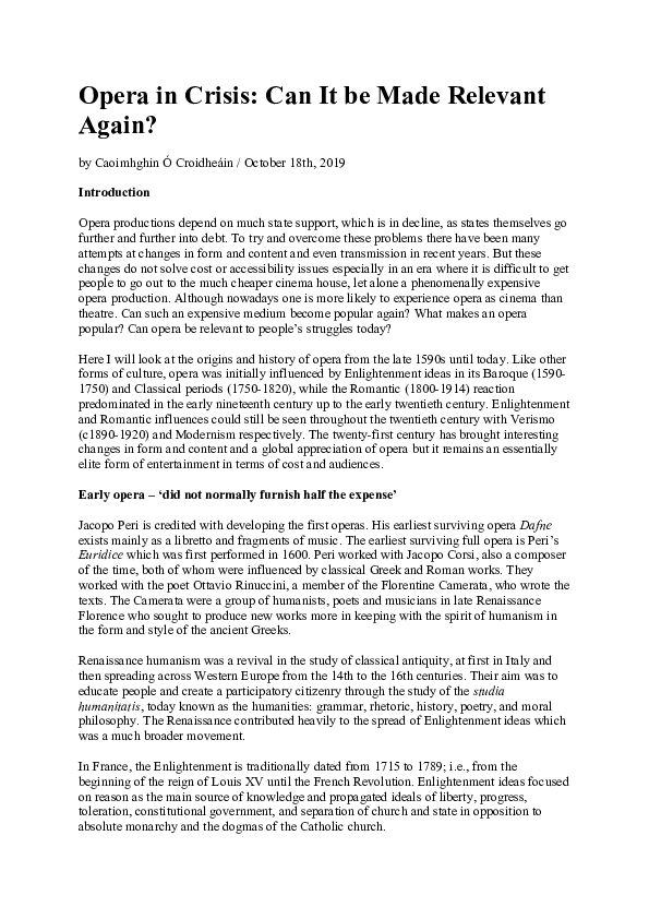 (DOC) Opera in Crisis: Can It be Made Relevant Again?