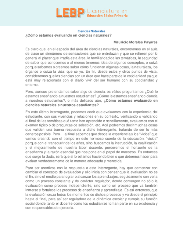 (PDF) Como estamos evaluando en ciencias naturales Mauricio Morales ...