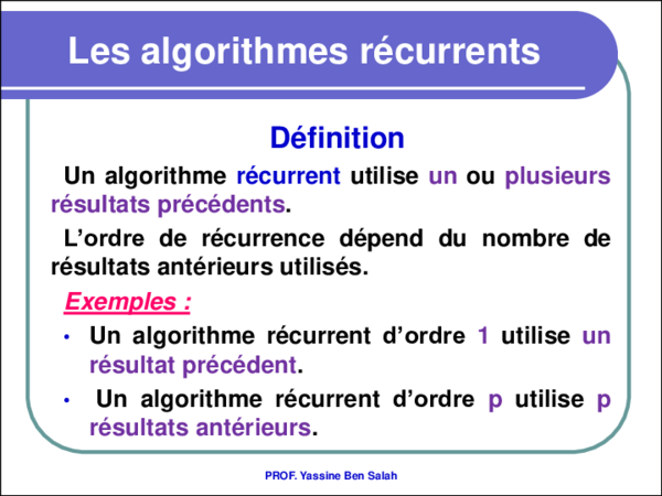 Pdf Algorithme Récurrent Yassine Ben Salah Définition Algorithmique Programmation Pascal Bac Info