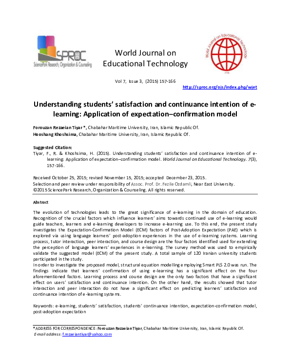 (PDF) Understanding students' satisfaction and continuance intention of e-learning: Application ...