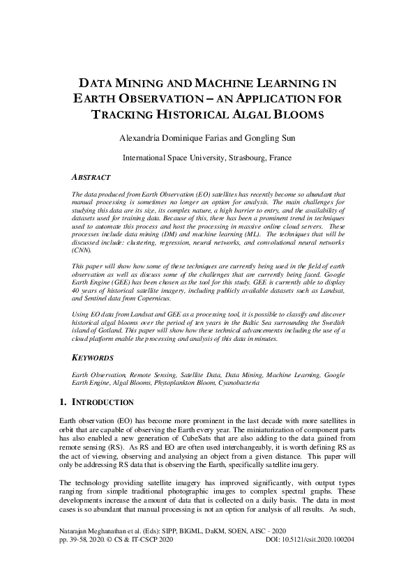 (PDF) DATA MINING AND MACHINE LEARNING IN EARTH OBSERVATION -AN APPLICATION FOR TRACKING ...