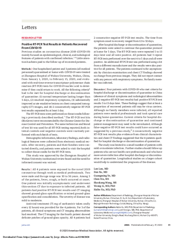 (PDF) Letters Positive RT-PCR Test Results in Patients Recovered From ...