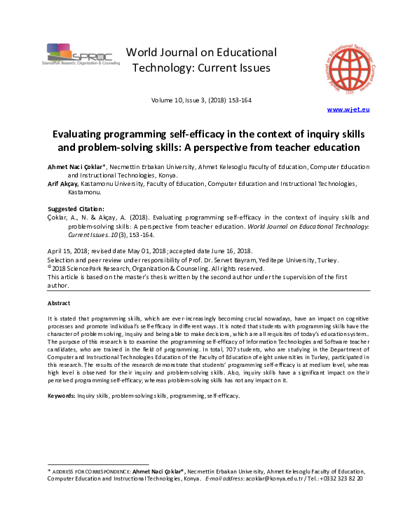 Pdf Evaluating Programming Self Efficacy In The Context Of Inquiry Skills And Problem Solving