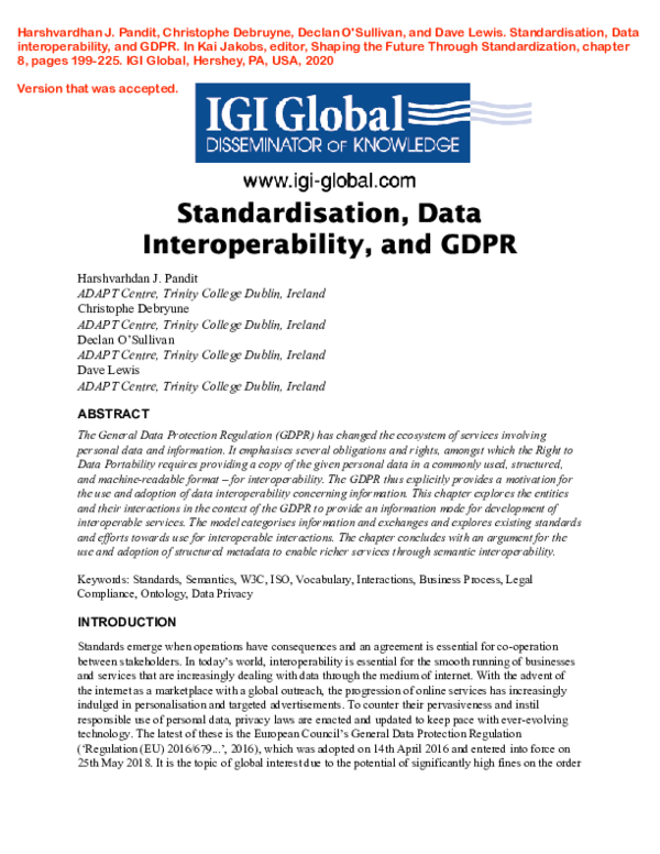 (PDF) Standardisation, Data interoperability, and GDPR