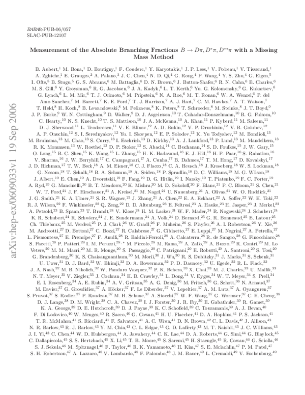 (PDF) Measurement of the absolute branching fractions B -> D pi, D-*pi, D-**pi with a missing ...