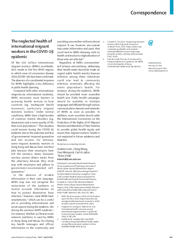 (PDF) The neglected health of international migrant workers in the ...