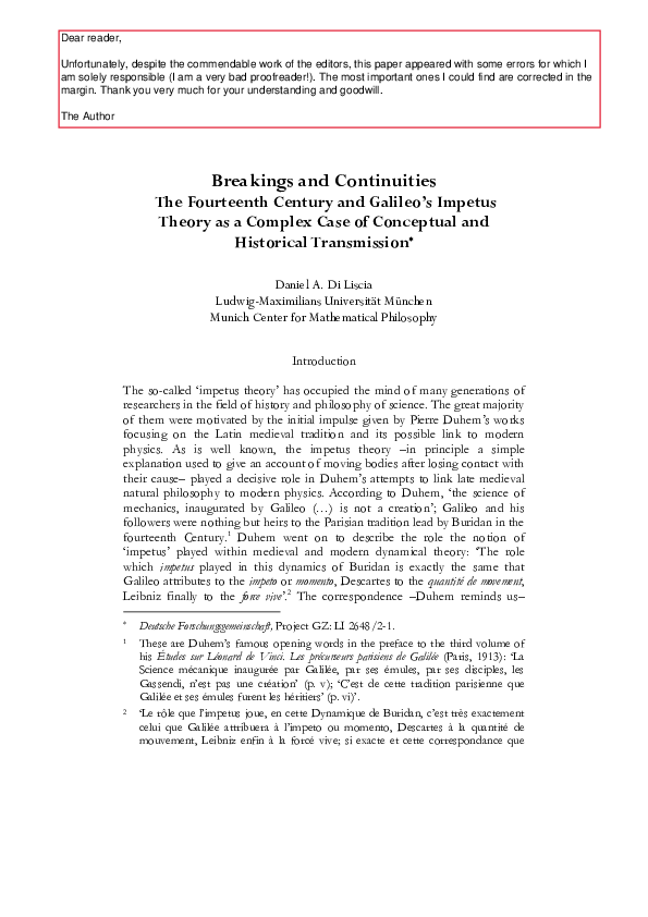 (PDF) Breakings and Continuities The Fourteenth Century and Galileo's ...