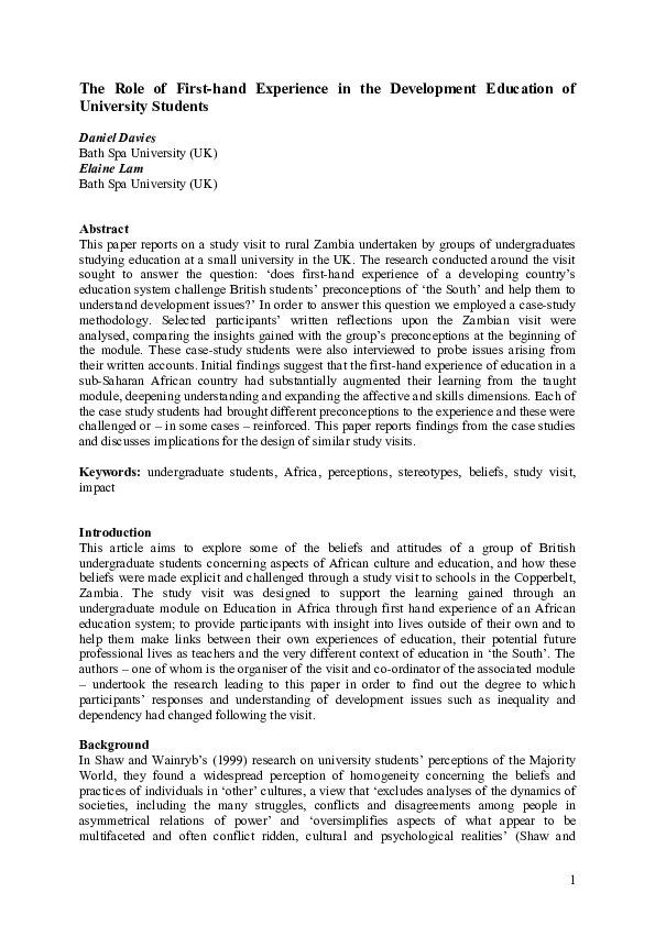 (DOC) The Role of First-hand Experience in the Development Education of ...