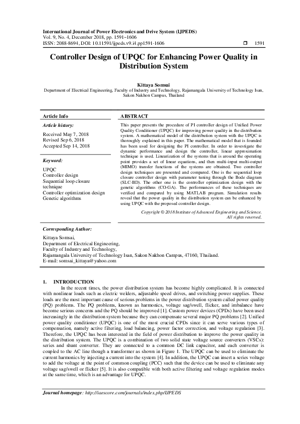 Pdf Controller Design Of Upqc For Enhancing Power Quality In