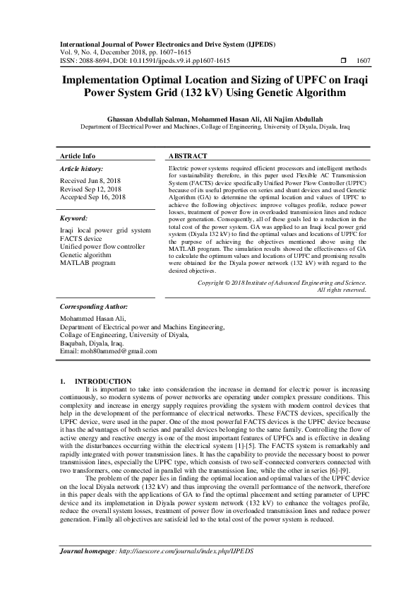 Pdf Implementation Optimal Location And Sizing Of Upfc On Iraqi Power System Grid 132 Kv