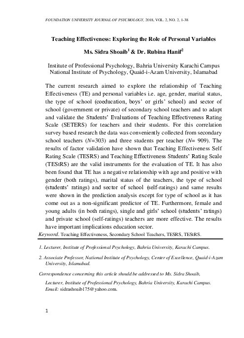 (PDF) Teaching Effectiveness: Exploring the Role of Personal Variables