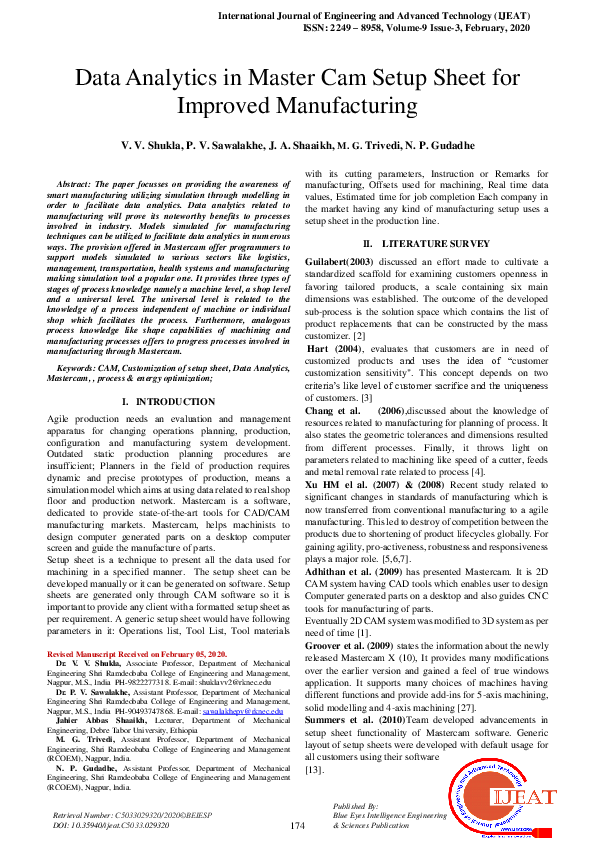 (PDF) Data Analytics in Master Cam Setup Sheet for Improved Manufacturing
