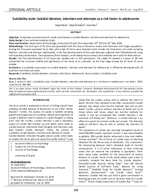 (PDF) Suicidality scale: Suicidal ideation, intention and attempts as a ...