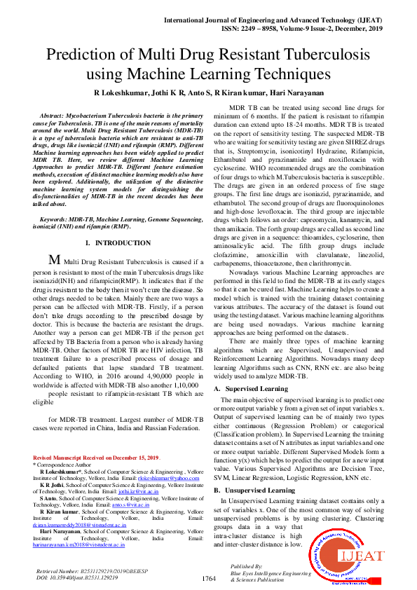 (PDF) Prediction of Multi Drug Resistant Tuberculosis using Machine ...