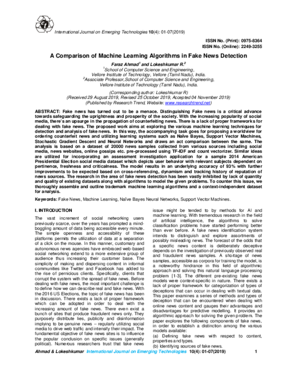 (PDF) A Comparison of Machine Learning Algorithms in Fake News Detection