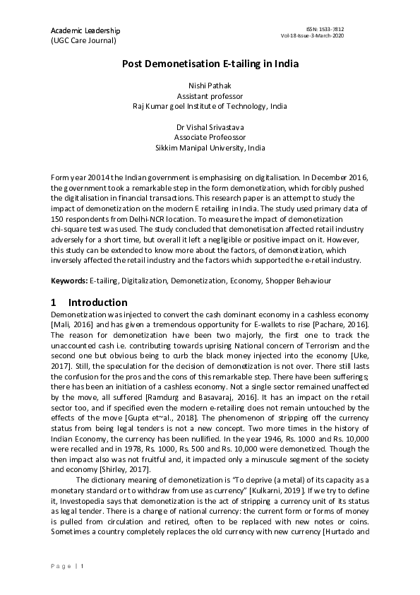 (PDF) Post-Demonetisation E-tailing in India