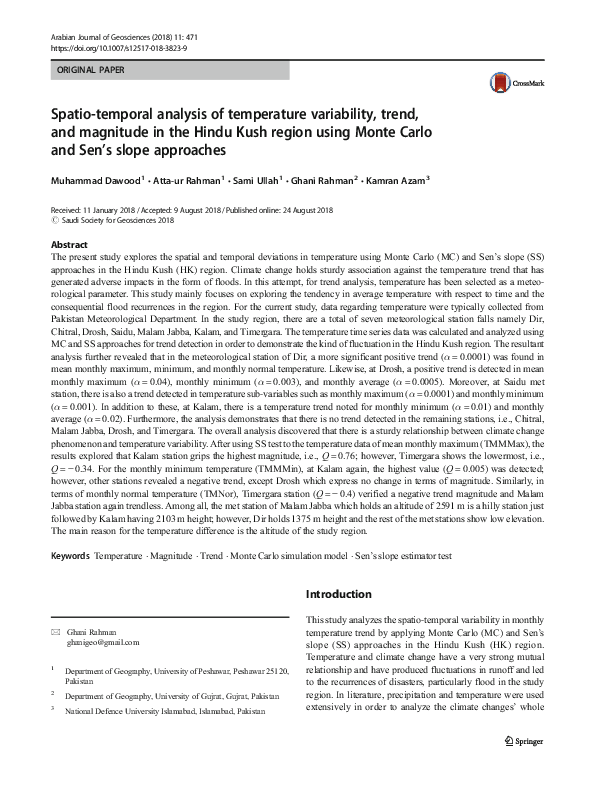 Pdf Spatio Temporal Analysis Of Temperature Variability Trend And