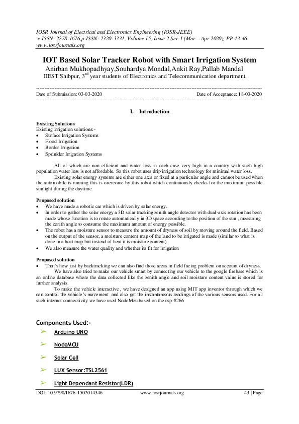 (PDF) IOT Based Solar Tracker Robot with Smart Irrigation System