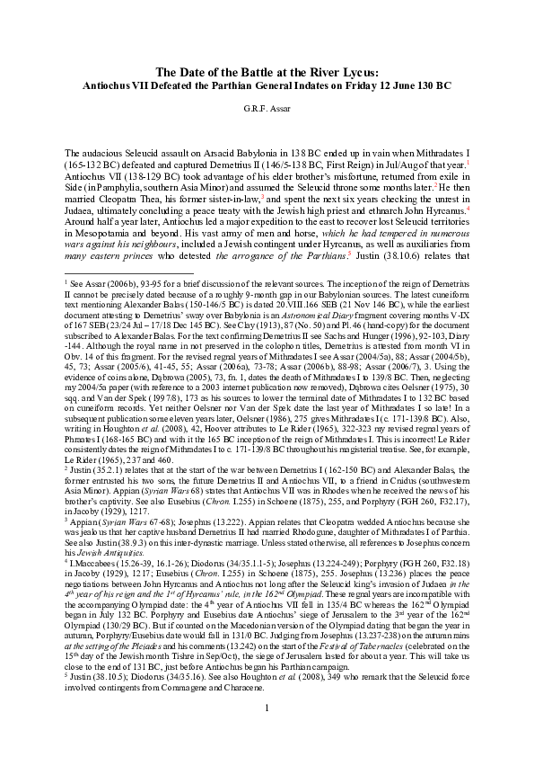 (PDF) The Date of the Battle at the River Lycus: Antiochus VII Defeated ...