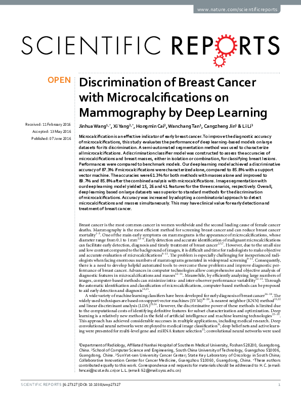 Pdf Discrimination Of Breast Cancer With Microcalcifications On Mammography By Deep Learning