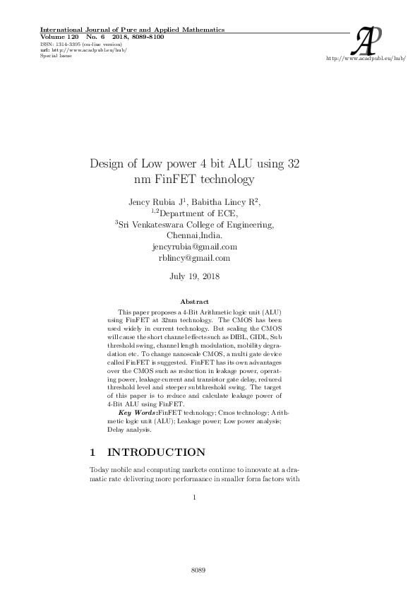 (PDF) Design of Low power 4 bit ALU using 32 nm FinFET technology