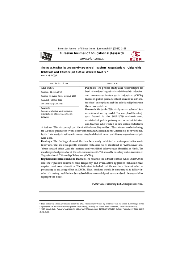 (PDF) The Relationship between Primary School Teachers' Organizational Citizenship Behaviors and ...