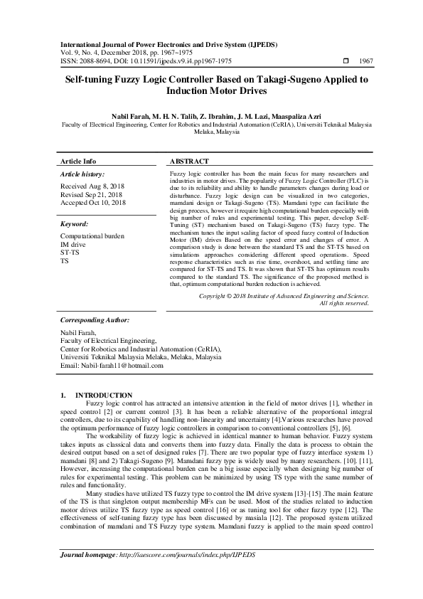 Pdf Self Tuning Fuzzy Logic Controller Based On Takagi Sugeno Applied To Induction Motor Drives