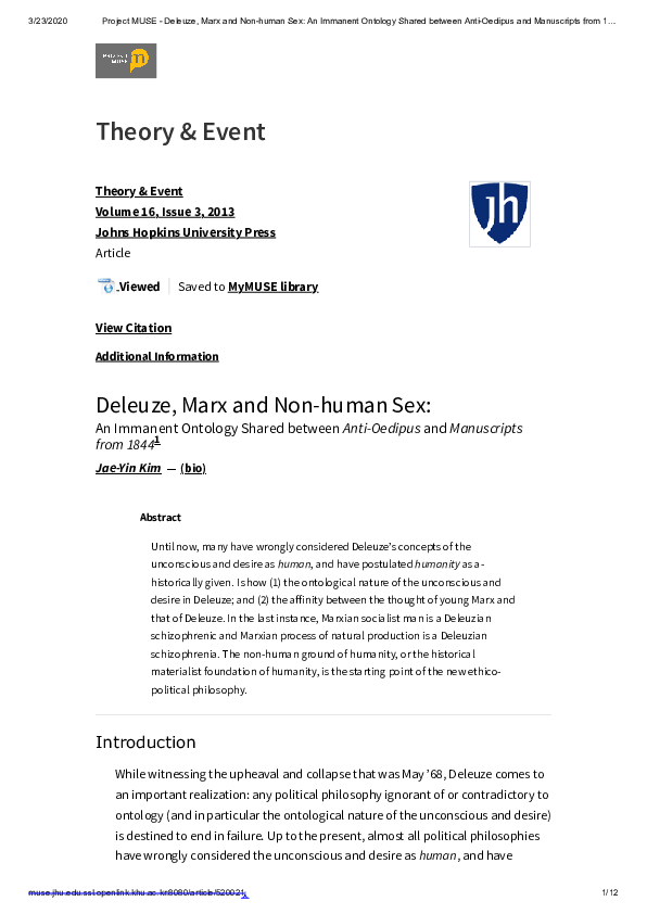 (PDF) Jae-Yin Kim(2013) Deleuze, Marx and Non-human Sex: An Immanent ...