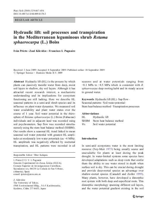 (PDF) Hydraulic lift: soil processes and transpiration in the ...