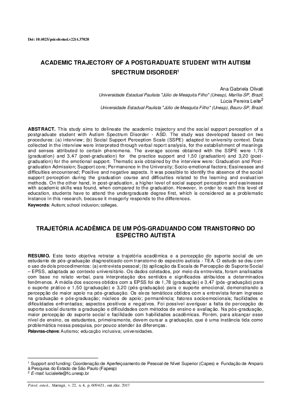 (PDF) ACADEMIC TRAJECTORY OF A POSTGRADUATE STUDENT WITH AUTISM ...