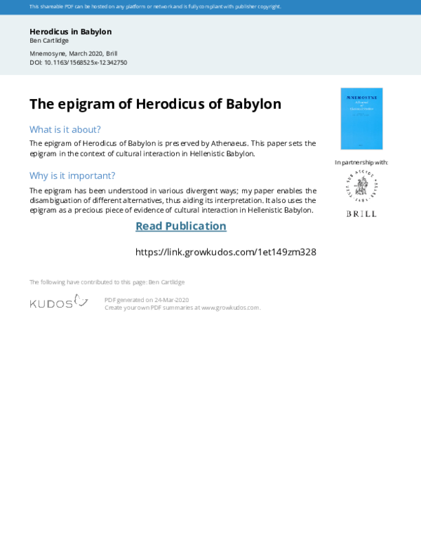 (PDF) Herodicus in Babylon: Greek epigram and the Near East | Ben ...