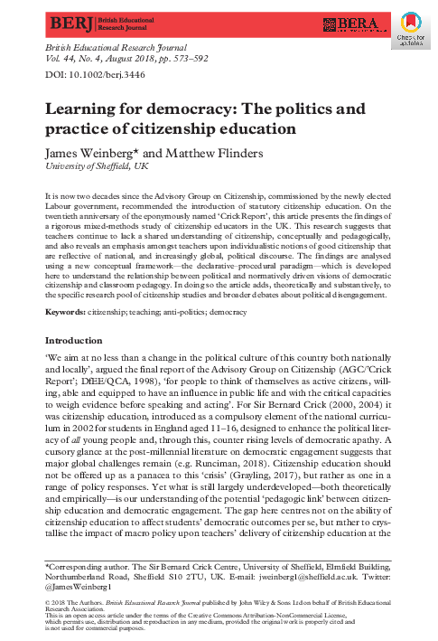 (PDF) Learning for democracy: The politics and practice of citizenship ...