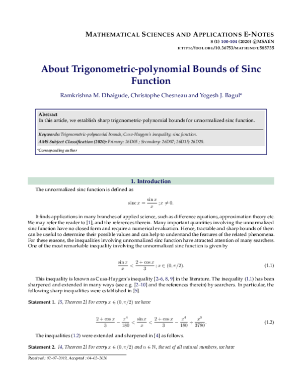 (PDF) About Trigonometric-polynomial Bounds of Sinc Function