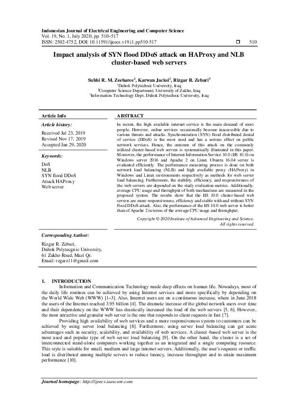 Pdf Impact Analysis Of Syn Flood Ddos Attack On Haproxy And Nlb Cluster Based Web Servers