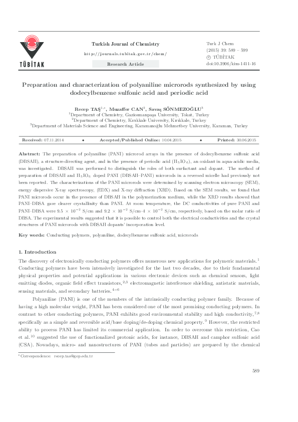 (PDF) Preparation and characterization of polyaniline/chitosan blend film