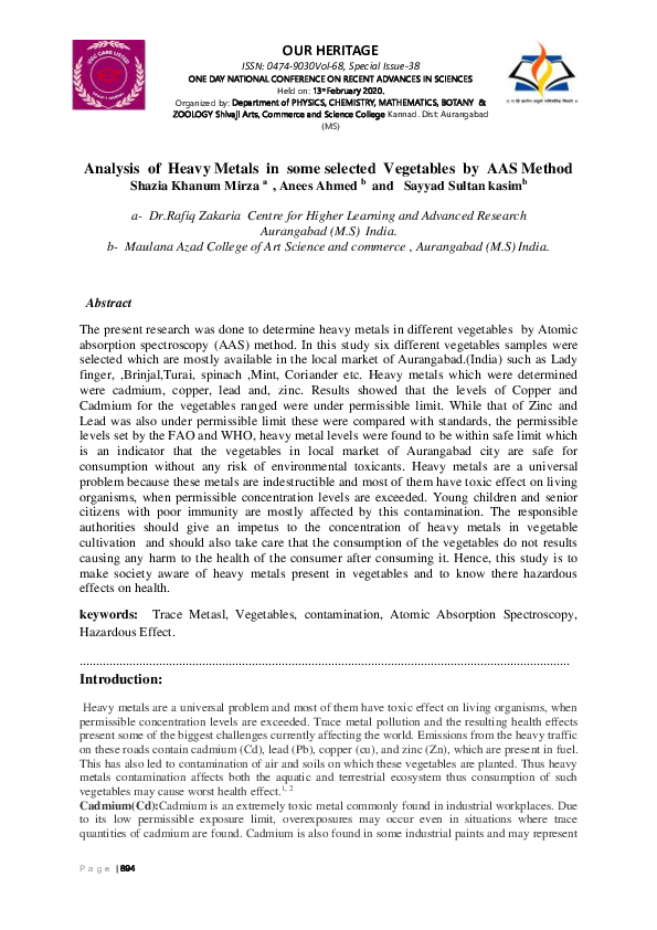 (PDF) Analysis of Heavy Metals in some selected Vegetables by AAS Method
