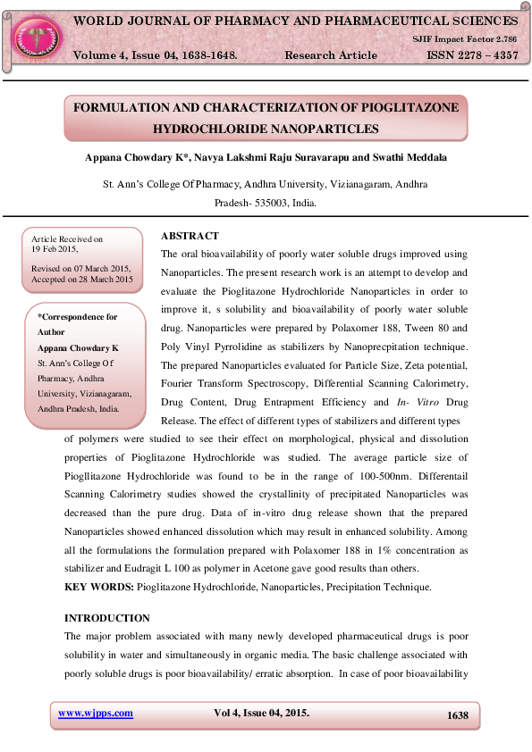 Pdf Formulation And Characterization Of Pioglitazone Hydrochloride Nanoparticles