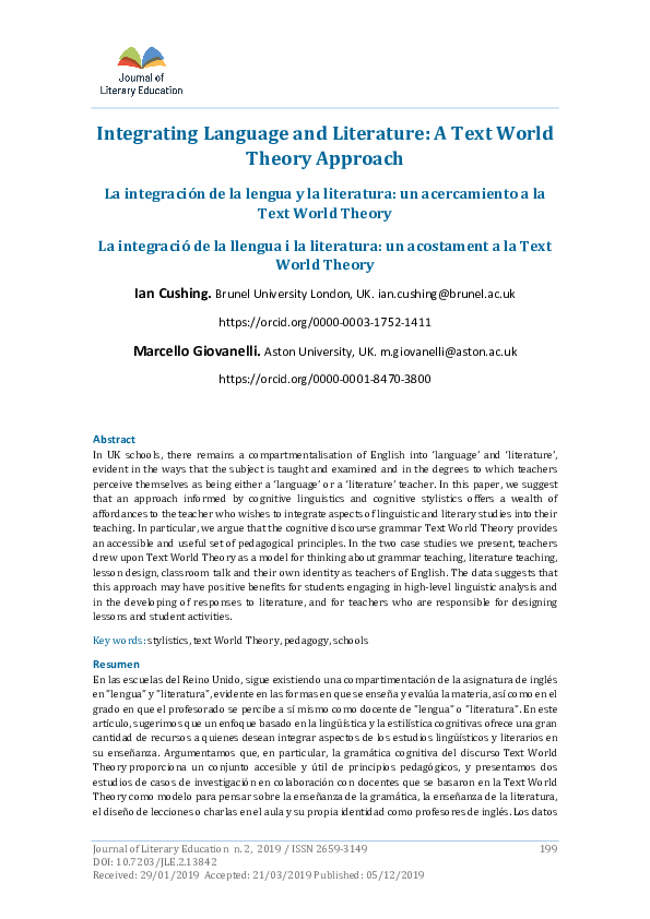 (PDF) Integrating Language and Literature: A Text World Theory Approach ...