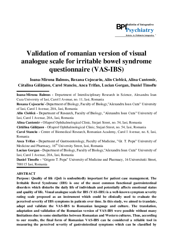 (PDF) Validation of romanian version of visual analogue scale for ...