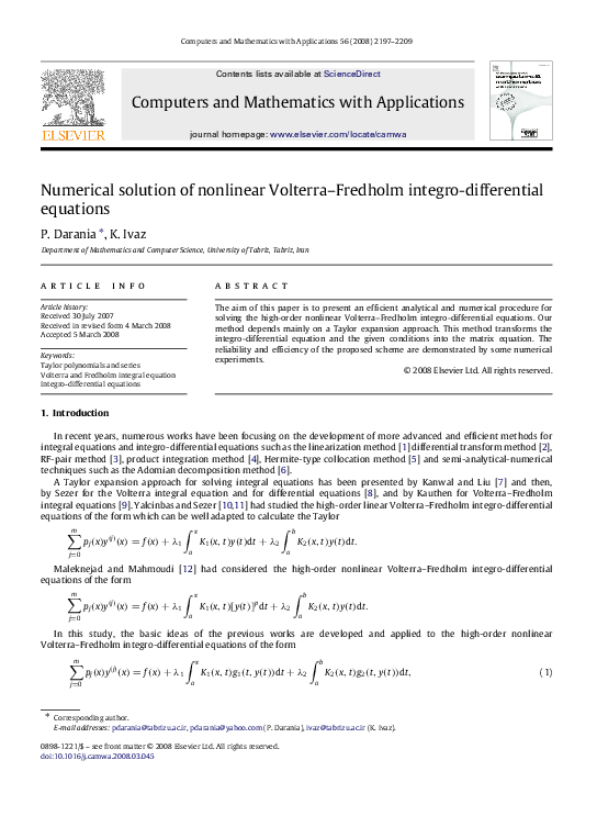 Pdf Numerical Solution Of Nonlinear Volterra Fredholm Integro Differential Equations